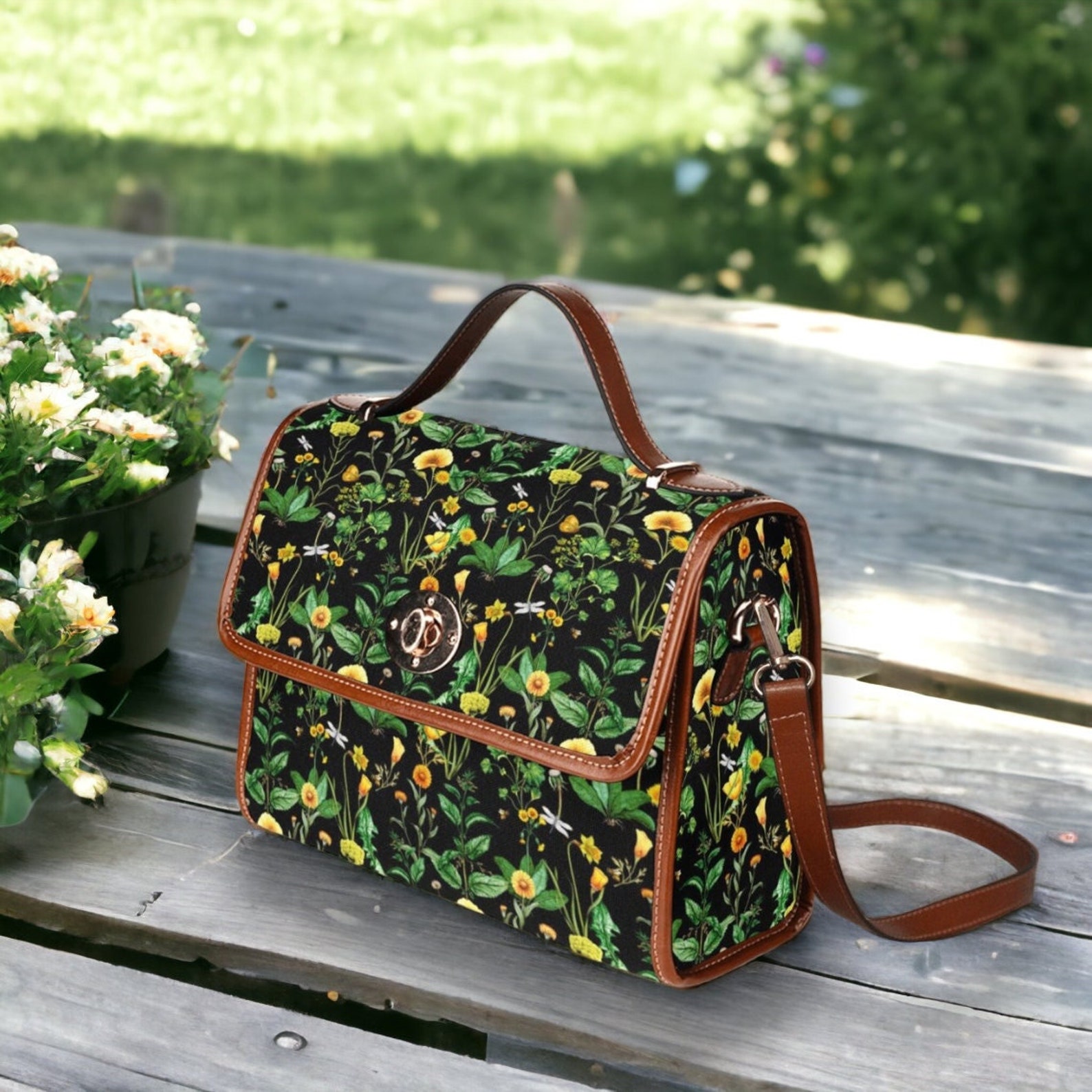 Dark Cottagecore Boho Canvas Satchel Bag, Buttercups Wildflowers Boho ...