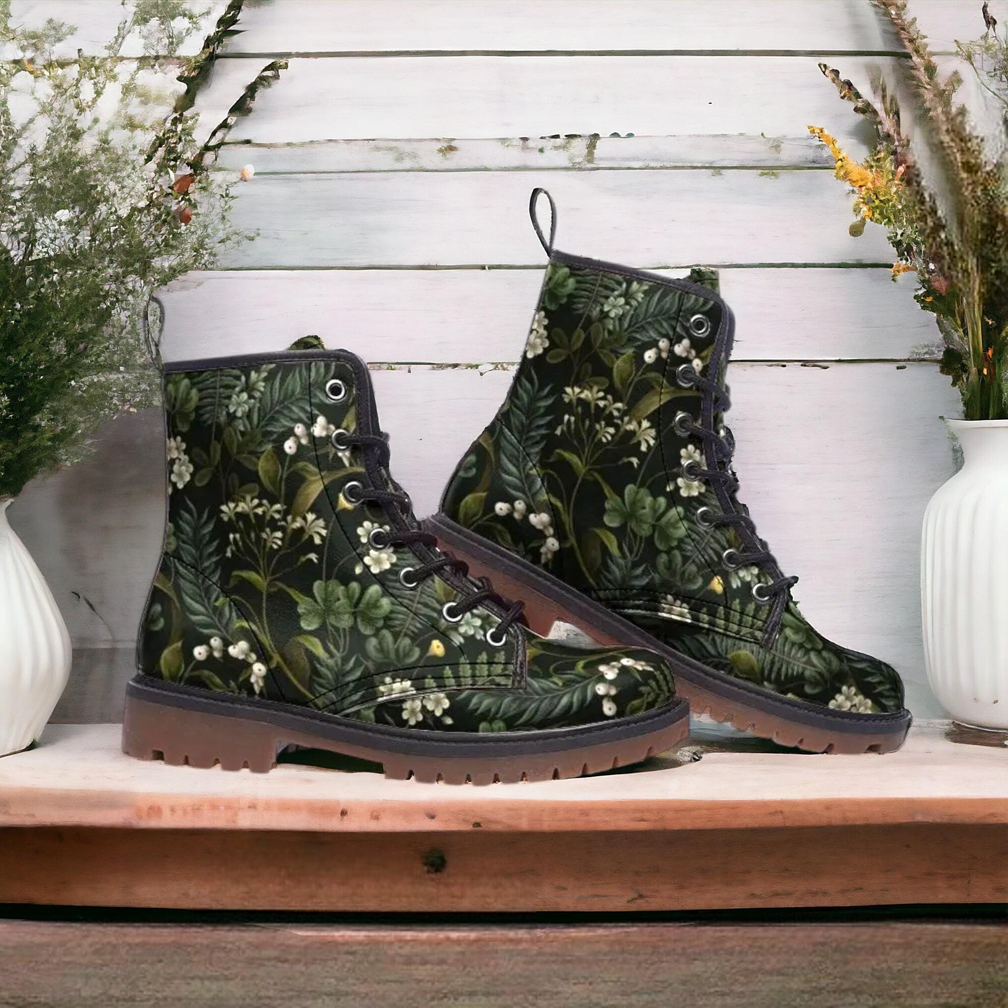 Cottagecore Dark Botanical Vegan Combat Boots, Green Garden Flowers ...