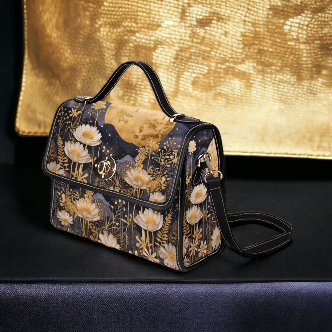 Cottagecore Boho Gold and Navy Floral Moon Purse, Dark Cottagecore ...