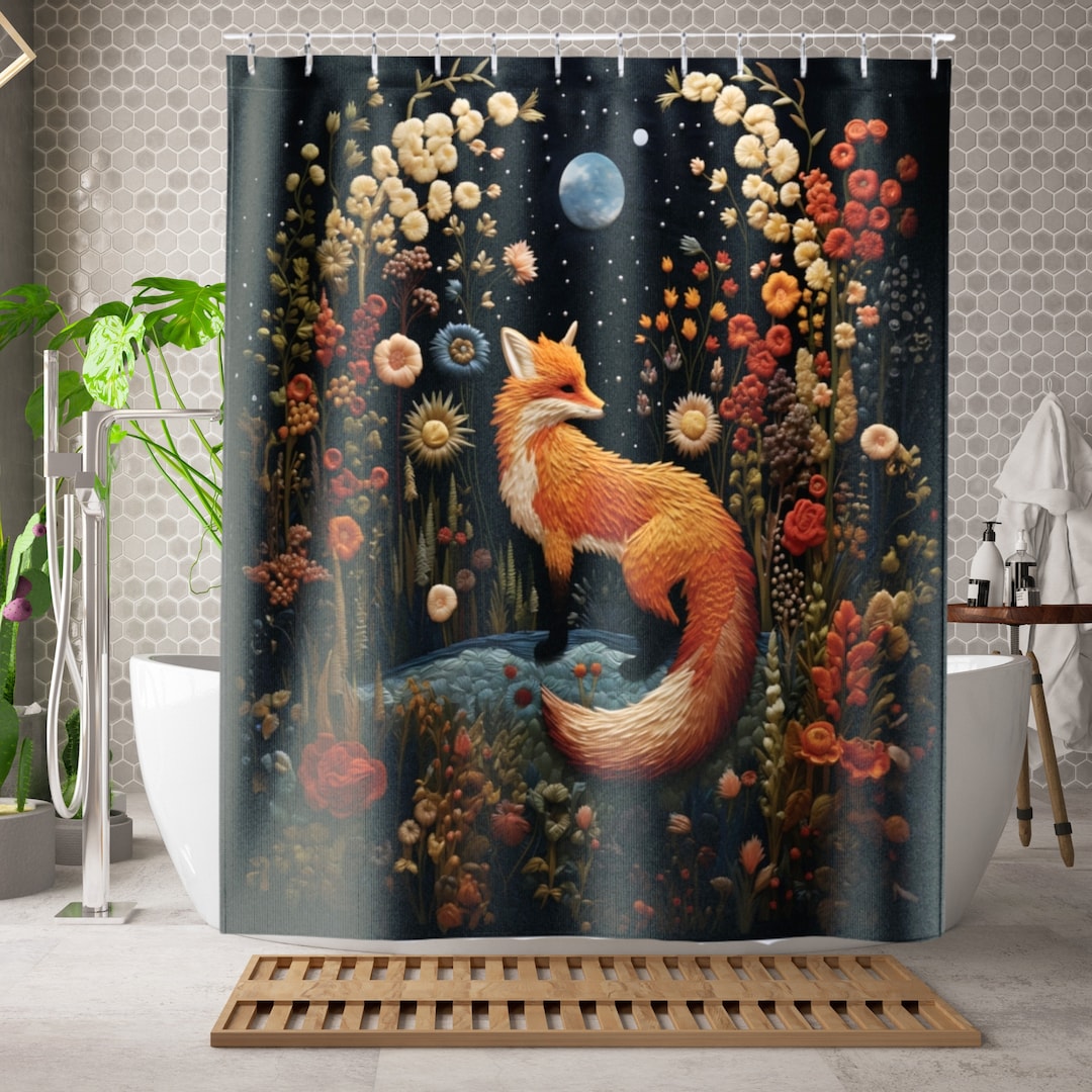 Cottagecore Fox Faux-embroidered Shower Curtain, Cottagecore Bath Decor ...