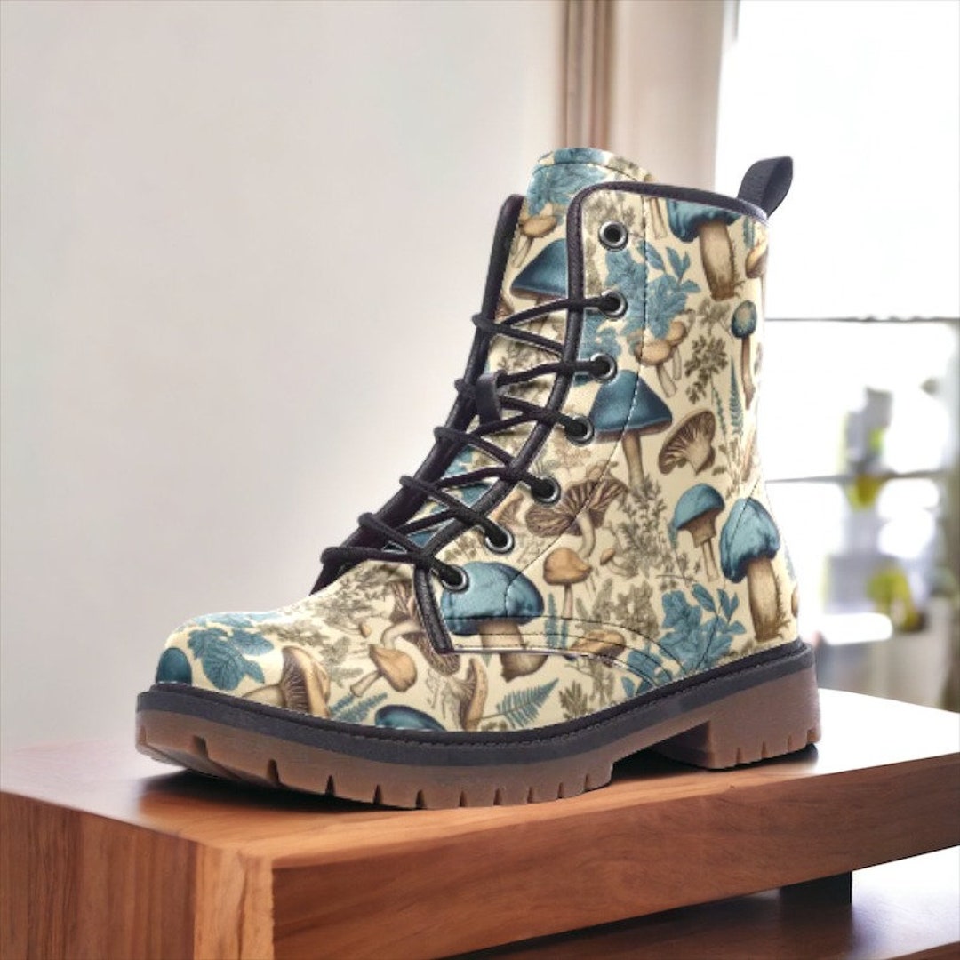 Cottagecore Blue Mushrooms Vegan Combat Boot, Goblincore Boots, Witchy ...