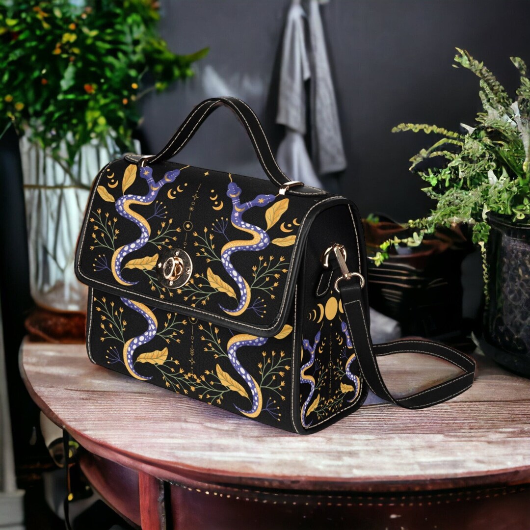 Witch Canvas Satchel Bag, Celestial Snake & Moons Handbag, Boho ...