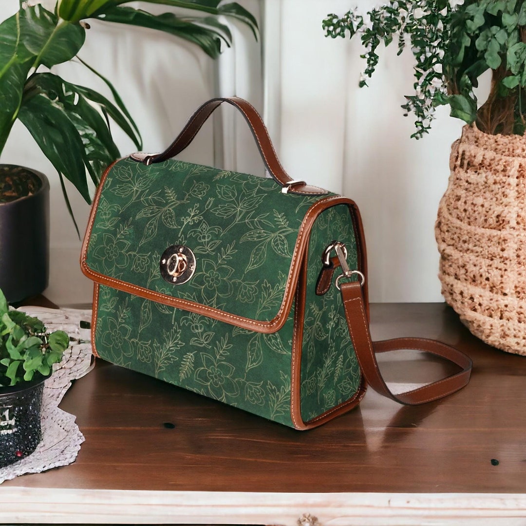 Boho Cottagecore Witchy Canvas Satchel Bag, Gold Botanical Emerald ...