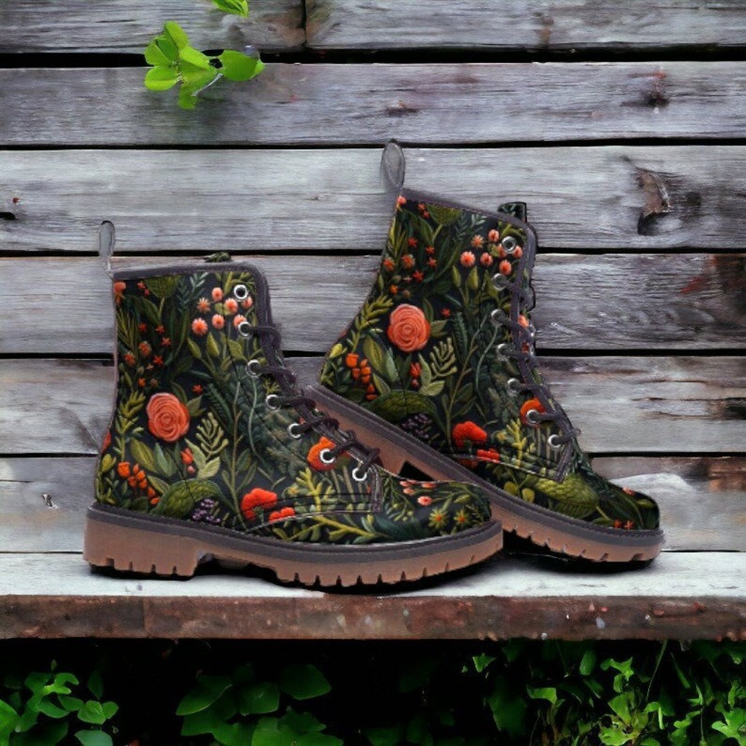 Dark Cottagecore Faux Embroidery Flowers Combat Boots, Vegan Floral ...
