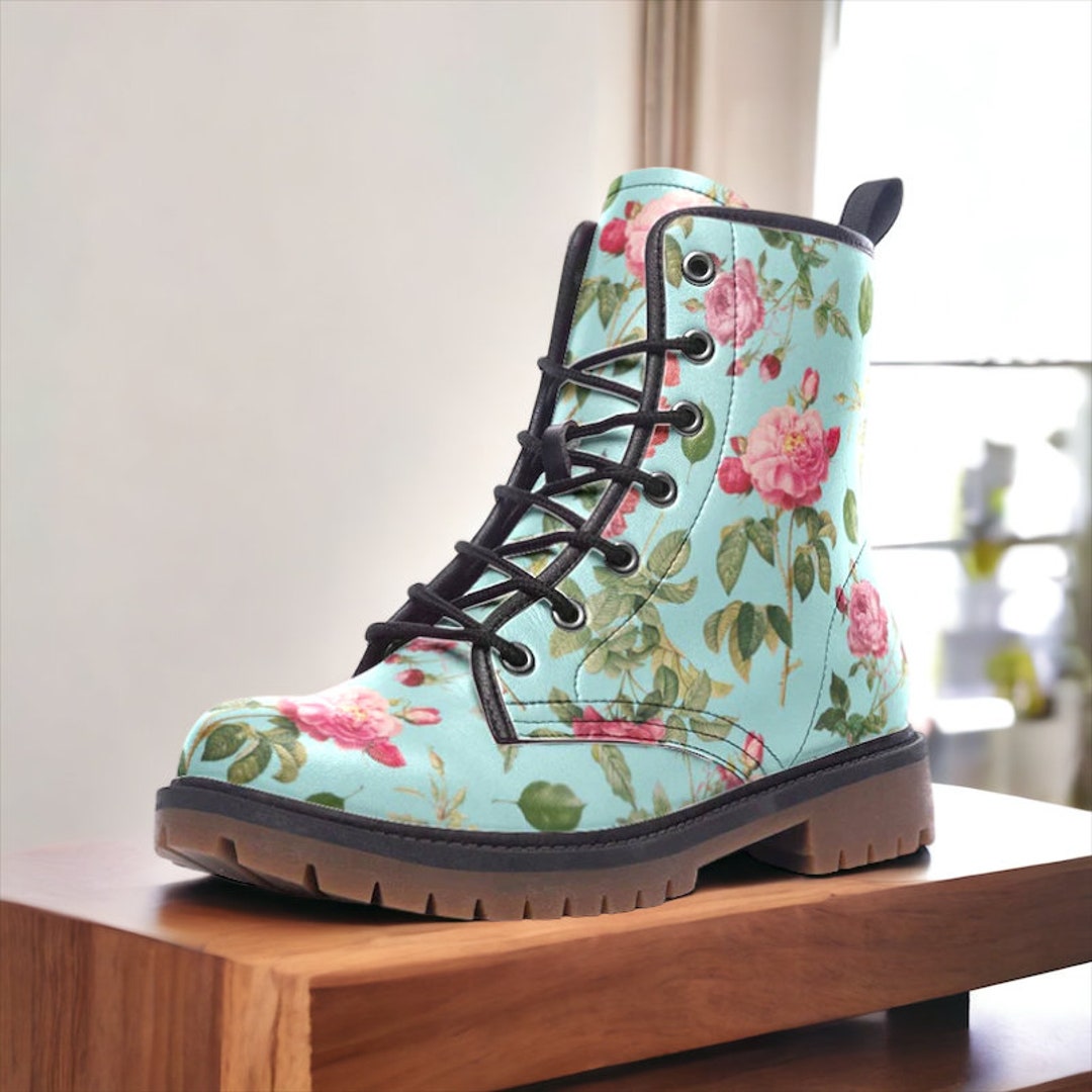 Pink & Blue Floral Vegan Boots, Boho Floral Boots, Rose Garden Boots ...