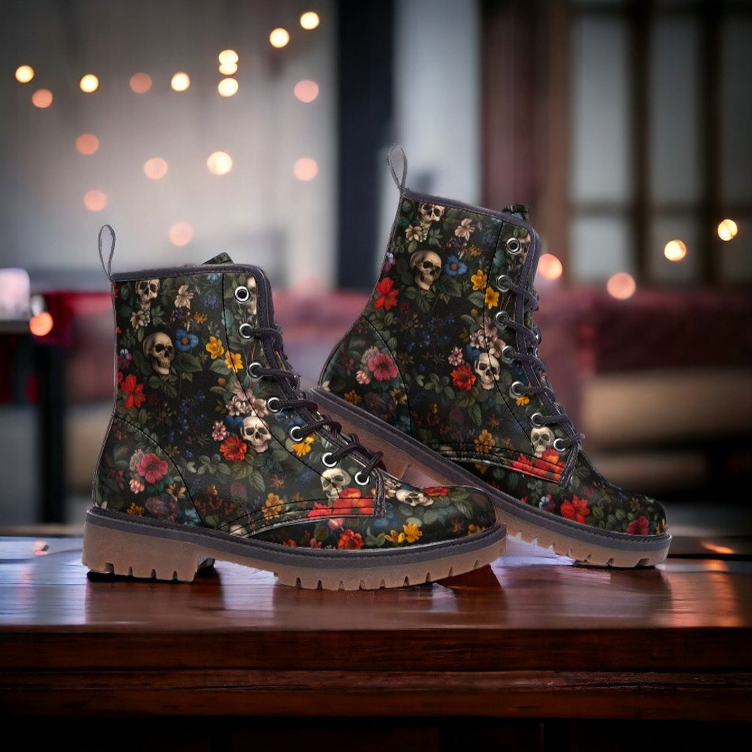 Skull Garden Vegan Combat Boots, Skulls Flowers Whimsigoth Boots, Fairy ...