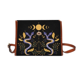 Witch Canvas Satchel Bag, Celestial Snake & Moons Handbag, Boho ...
