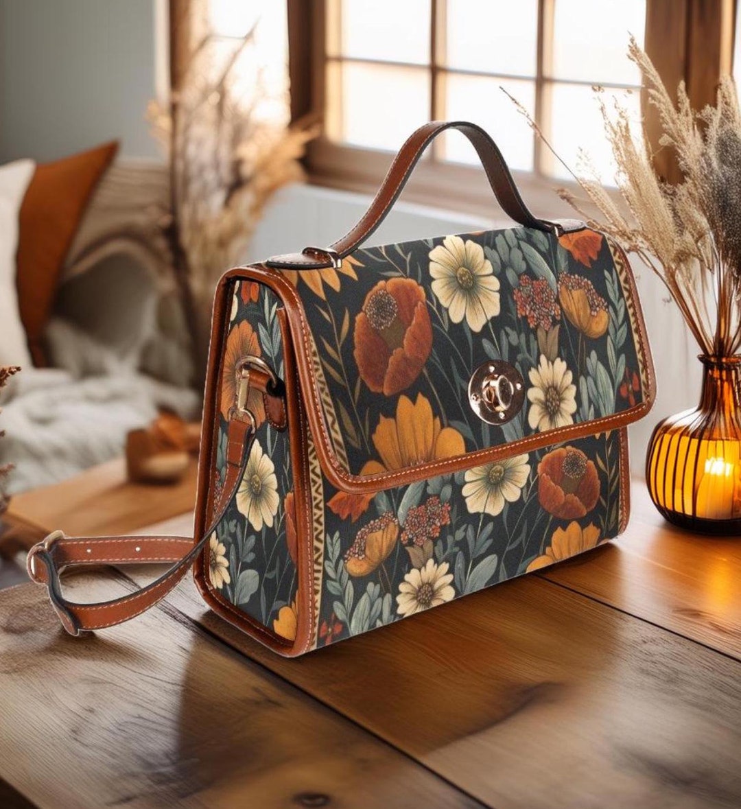 Autumn Cottagecore Boho Floral Satchel Bag, Vintage Fall Floral Boho ...