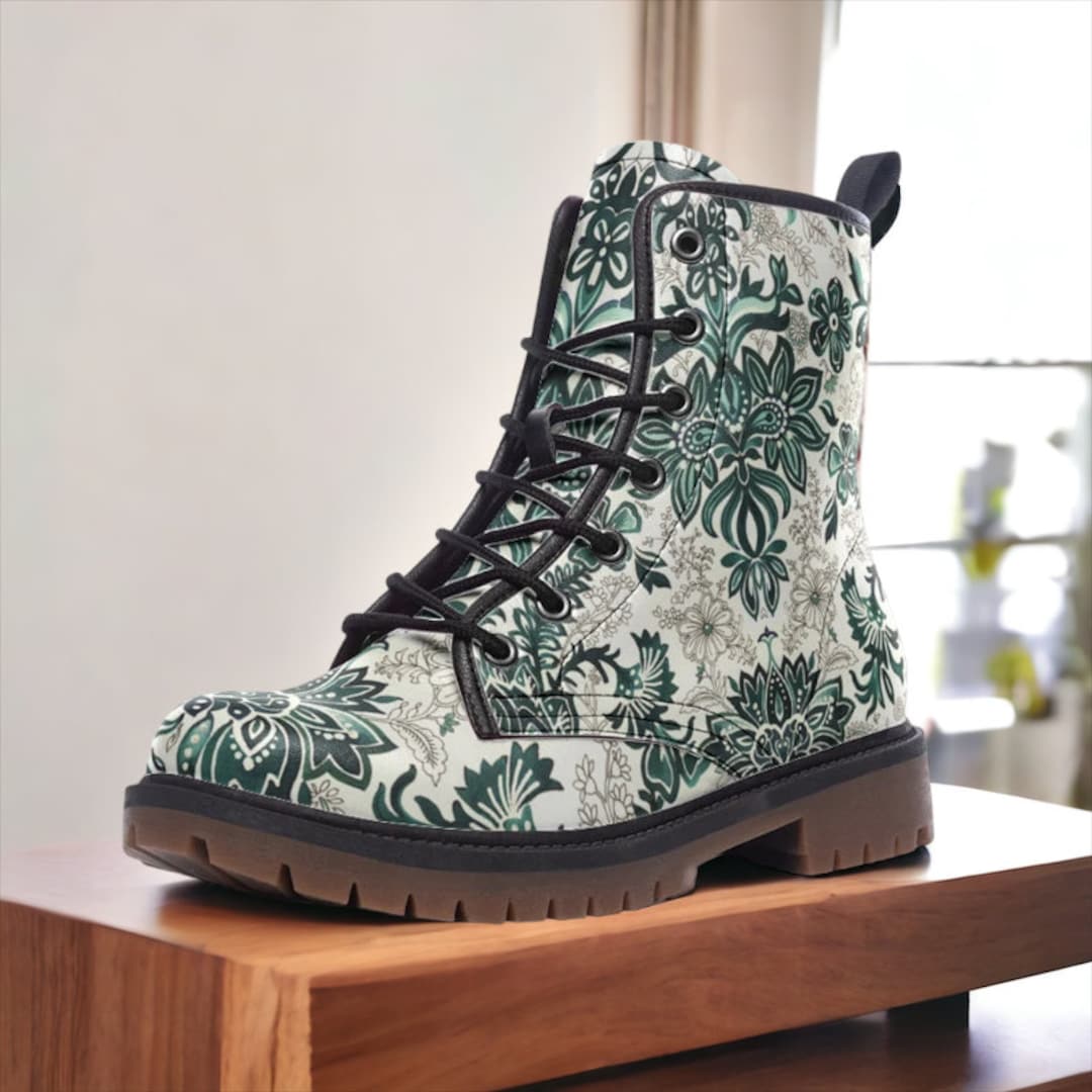White Blue Boho Women Combat Boots, Vegan Leather Floral Boots ...