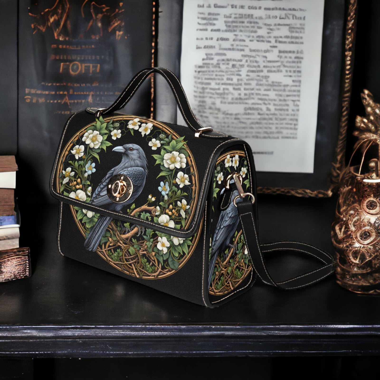 Dark Cottage Goth Witchy Crow and Flowers Satchel, Dark Cottagecore ...