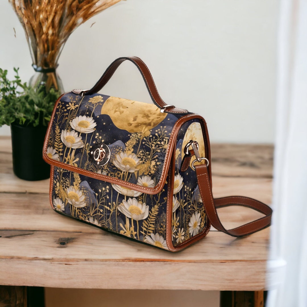 Cottagecore Boho Gold and Navy Floral Moon Purse, Dark Cottagecore ...