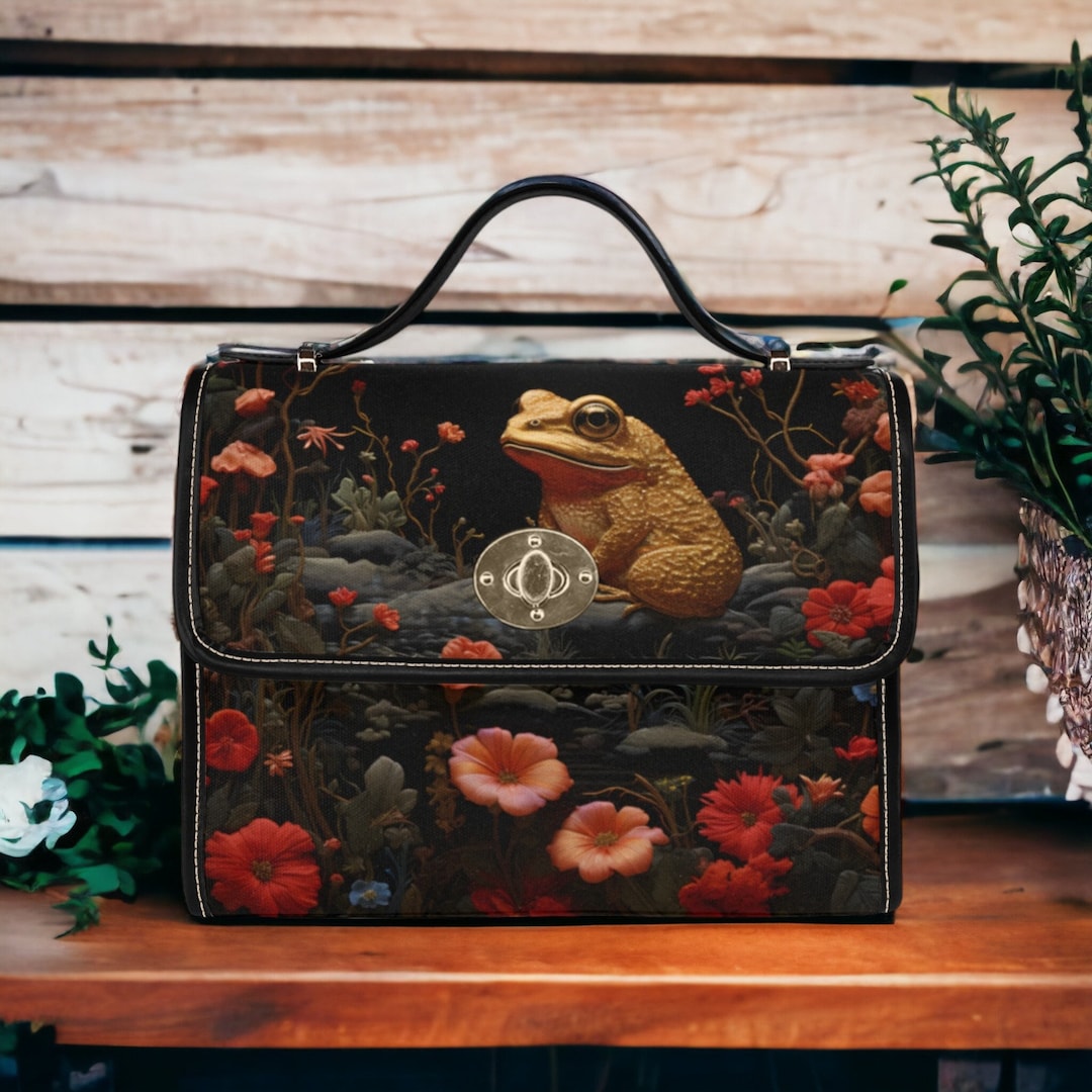 Faux-embroidered Toad and Floral Handbag, Boho Cottagecore Witchy Frog ...