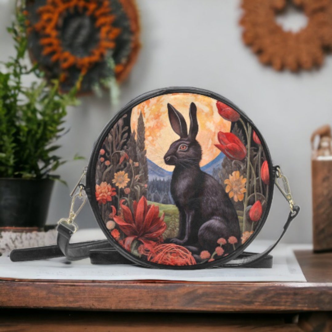Gothic Rabbit in Garden Moon Round Bag, Rabbit Moon Boho Crossbody Bag ...