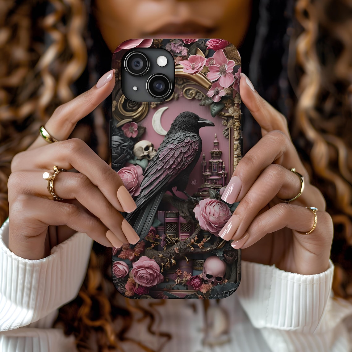 Gothic 3D Effect Raven Floral Phone Case, Moon Pink Roses Skulls ...