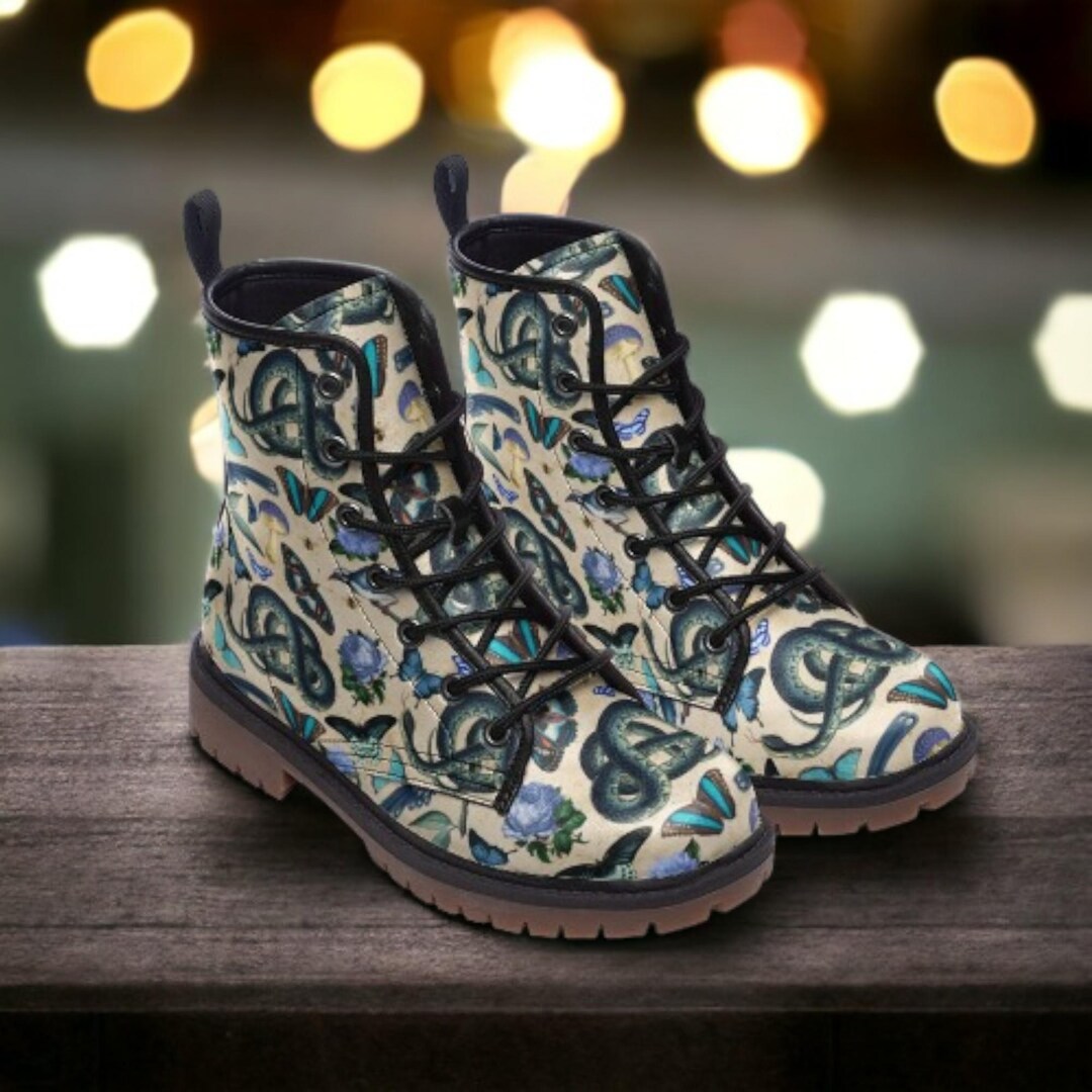 Goblincore Boots, Boho Whimsical Blue and White Forestcore Vegan Combat ...