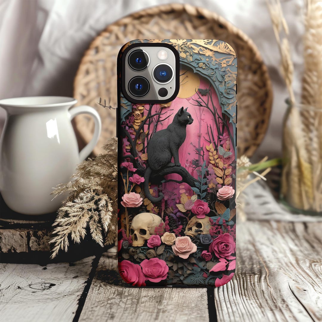 Gothic Black Cat Phone Case, 3D Effect iPhone Samsung Case, Skulls ...