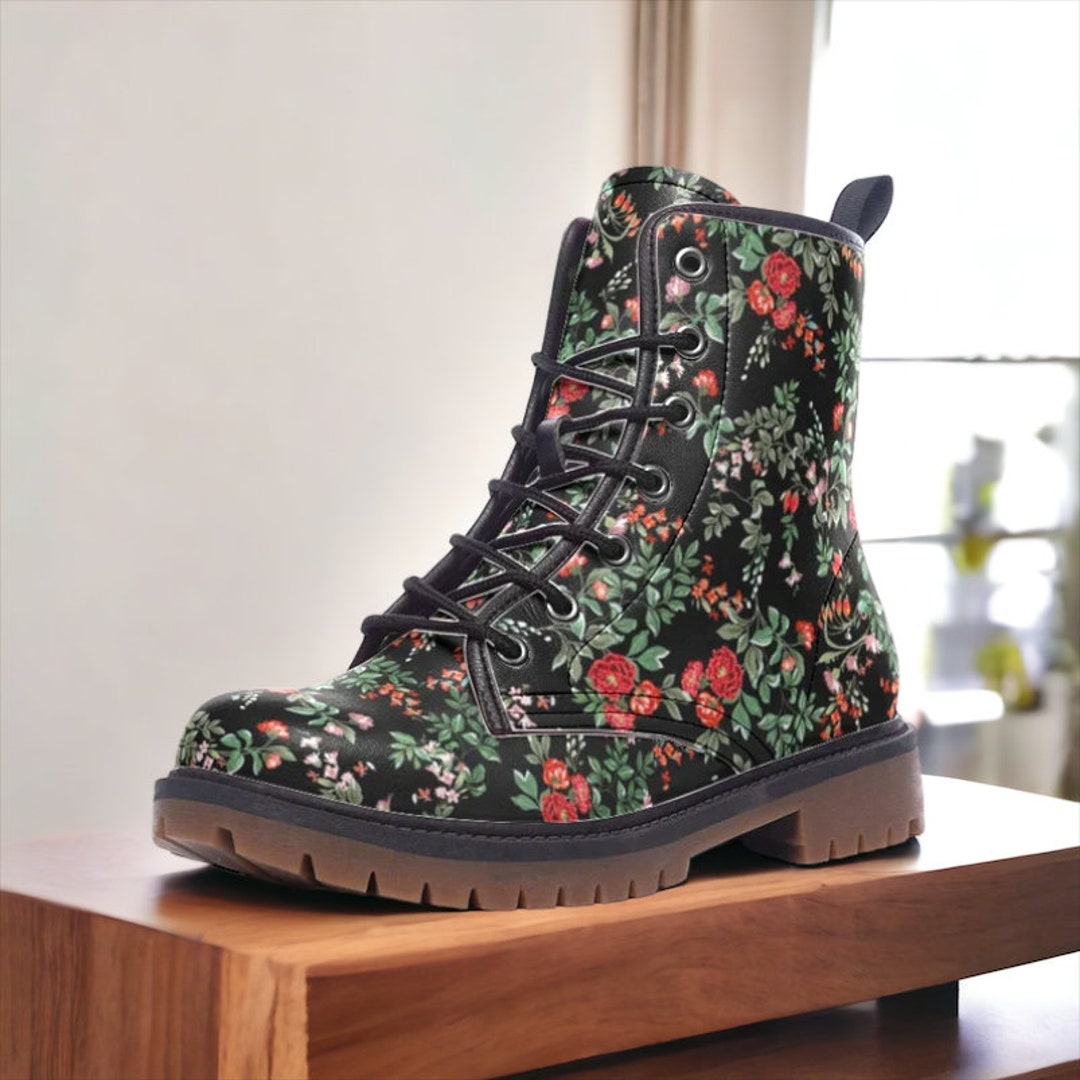 Red & Black Floral Vegan Boots, Boho Witch Floral Boots, Wildflower ...