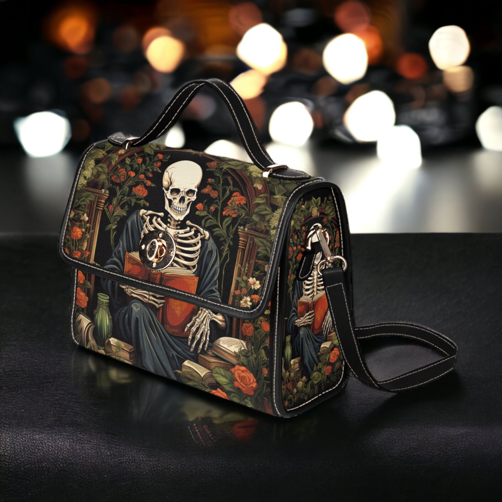 Gothic Skeleton Reading Satchel, Dark Academia Skeleton Library Floral ...