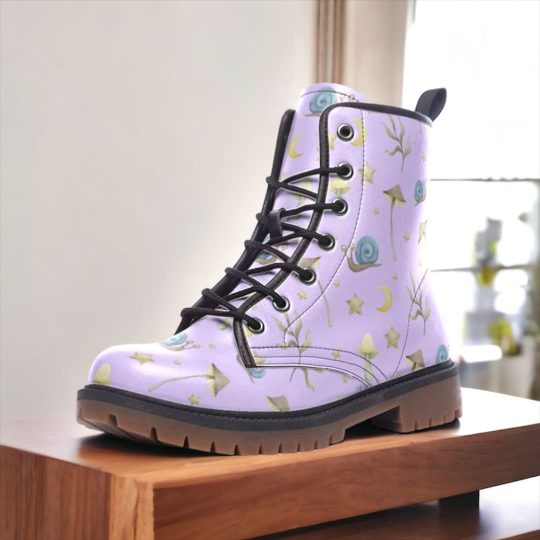 Pastel Violet Mushrooms Snails Stars Boots, Cute Mushrooms Vegan Combat ...