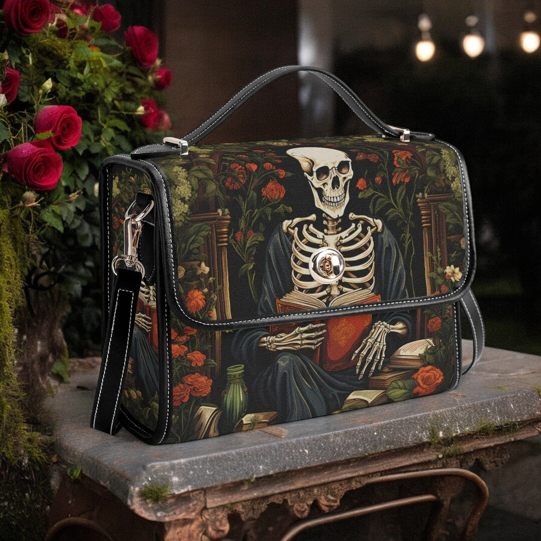 Gothic Skeleton Reading Vegan Leather Satchel, Dark Academia Skeleton ...