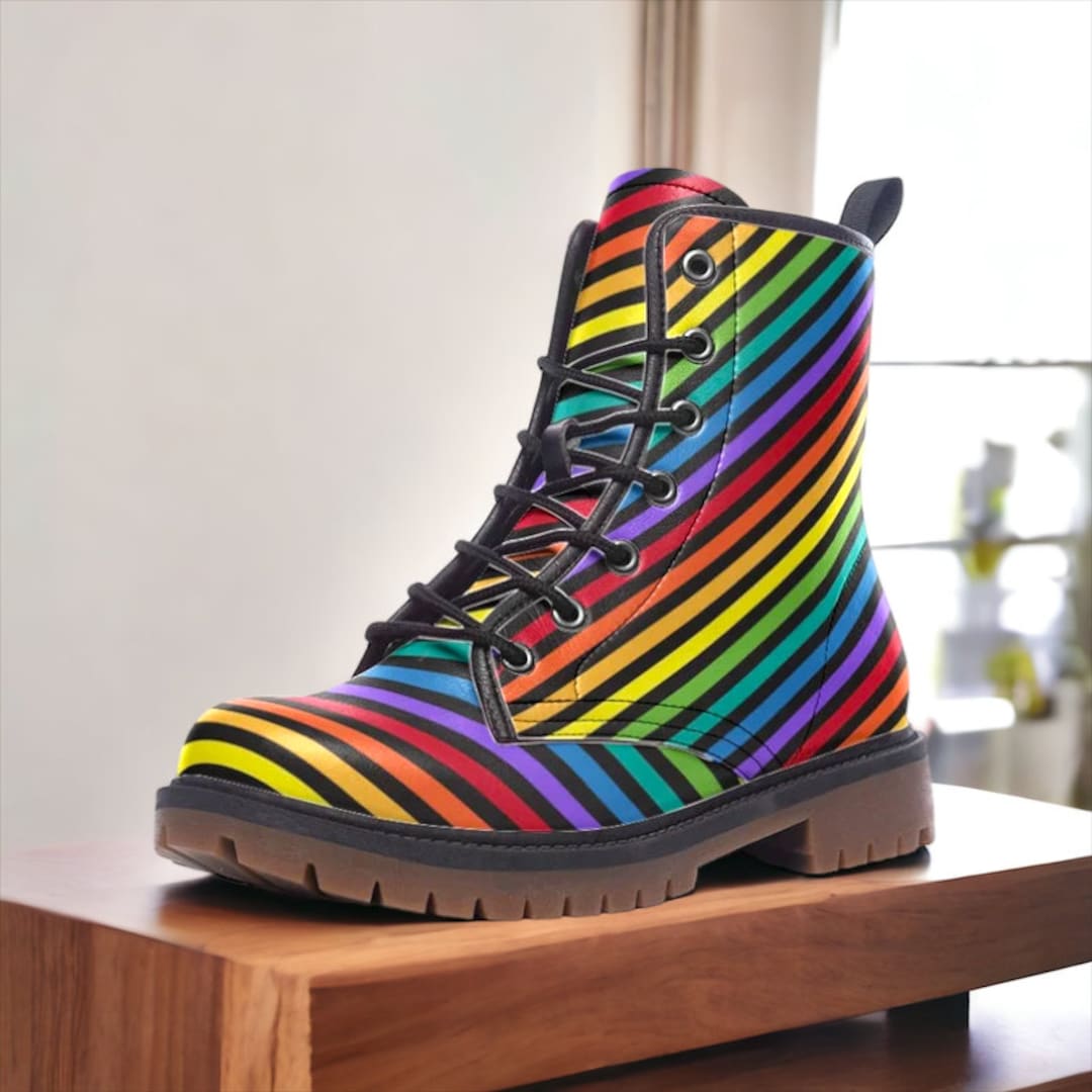 Rainbow Boots, Rainbow Stripes Vegan Leather Combat Boots, Pride Boots ...