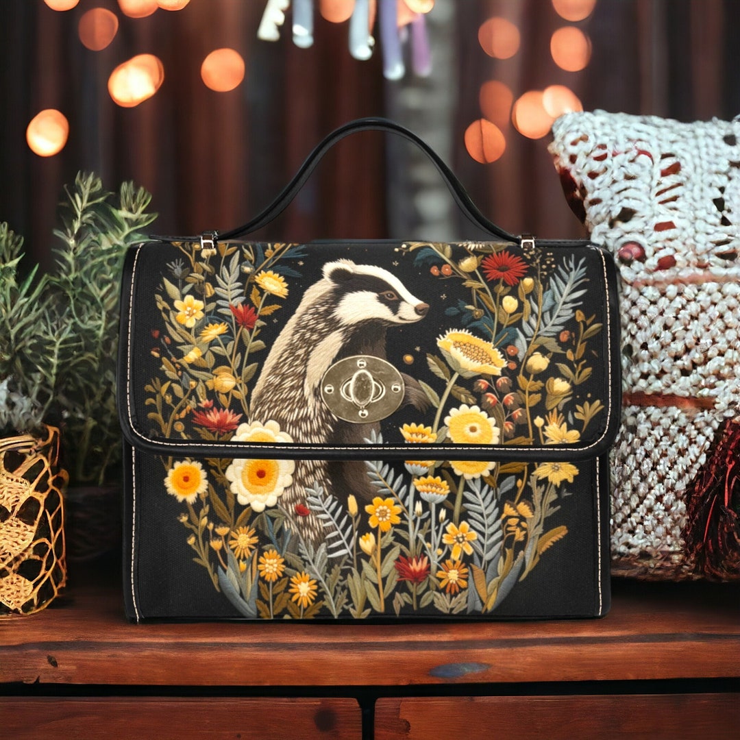 Faux-embroidered Badger & Woodland Floral Satchel, Dark Cottagecore ...