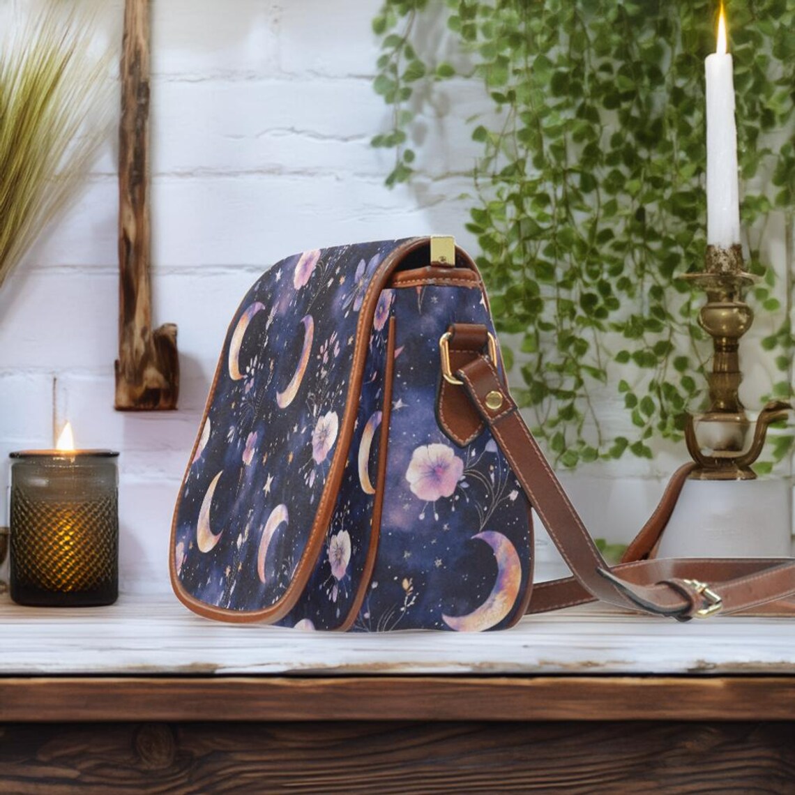 Whimsical Watercolor Floral Moons Crossbody Saddle Bag, Witchy Boho ...