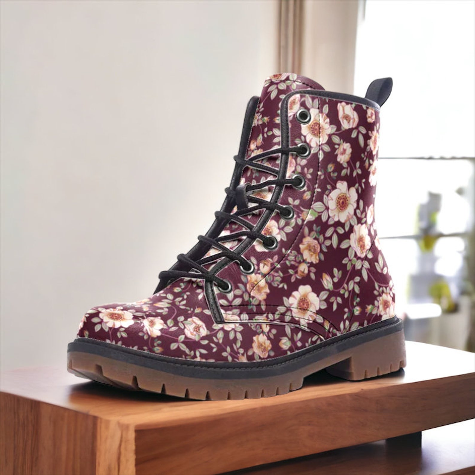 Red & White Flowers Vegan Combat Boots, Boho Witchy Floral Boots ...
