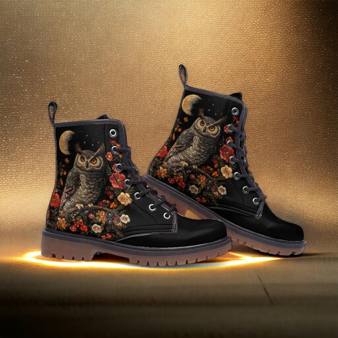 Horned Owl & Flowers Vegan Combat Boots, Witchy Vegan Boots, Floral ...