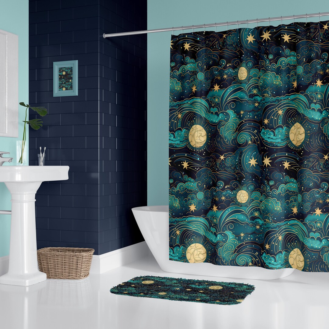 Celestial Starry Nights Shower Curtain & Bath Mat, Celestial Bathroom ...