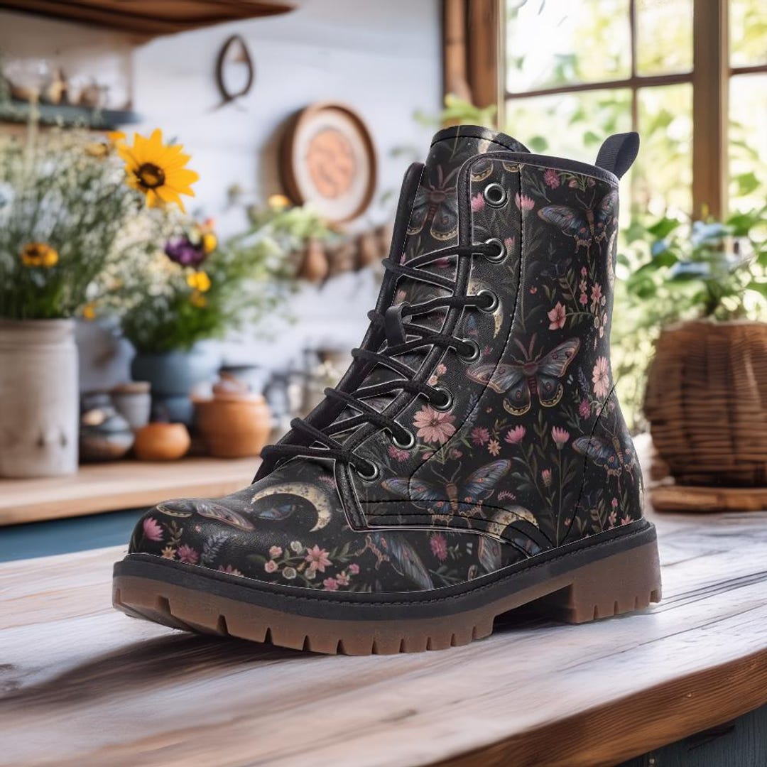 Night Garden Vegan Faux Leather Combat Boots, Mystical Moth Moons Boot ...