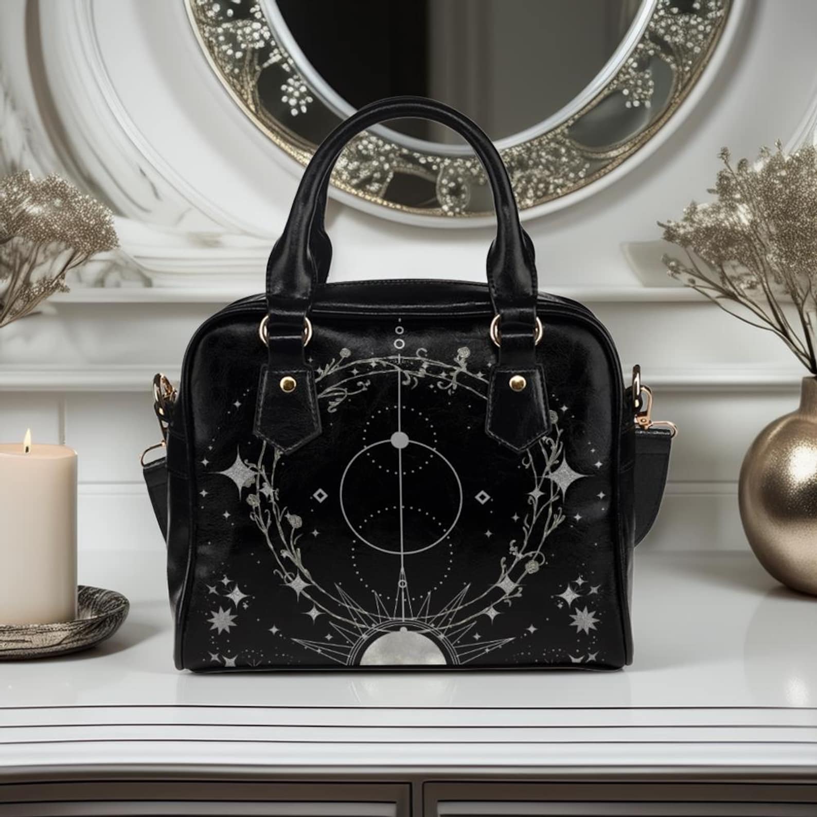 Celestial Black Vegan Faux-leather Purse, Witchy Gothic Top Handle and ...