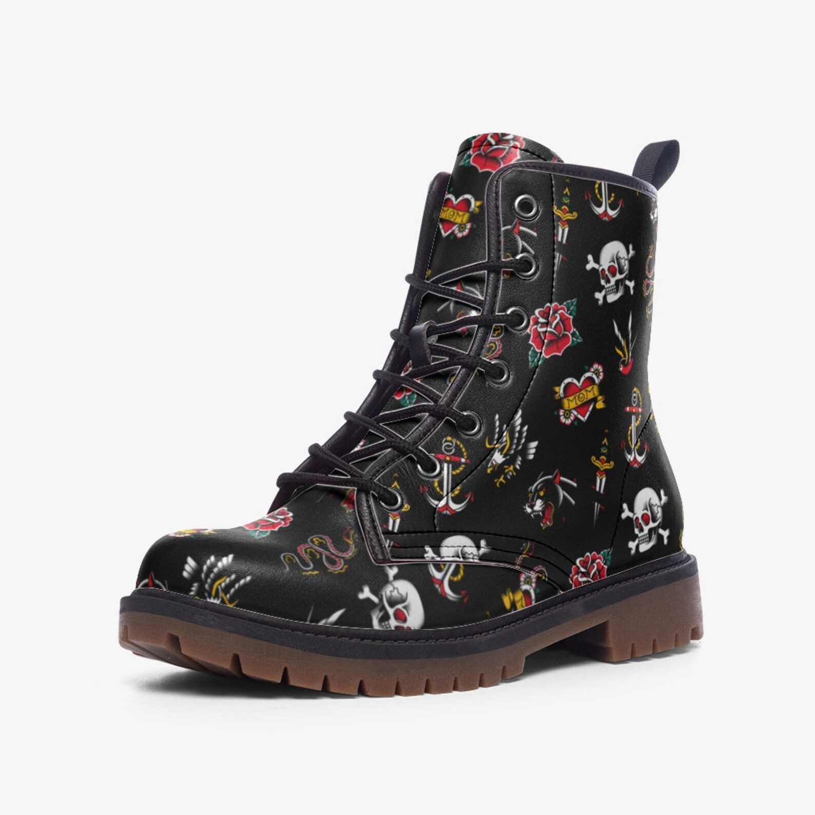 Vintage Tattoo Motif Vegan Combat Boots, Sailor Tattoos Faux Leather ...