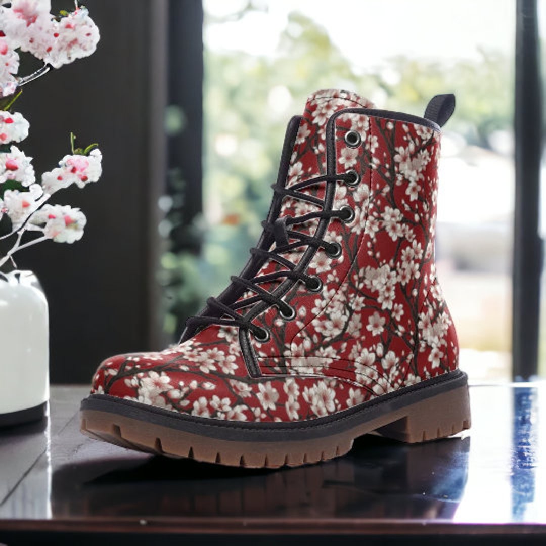 Red Cherry Blossoms Vegan Combat Boots, Red Sakura Boots, Dark Floral ...