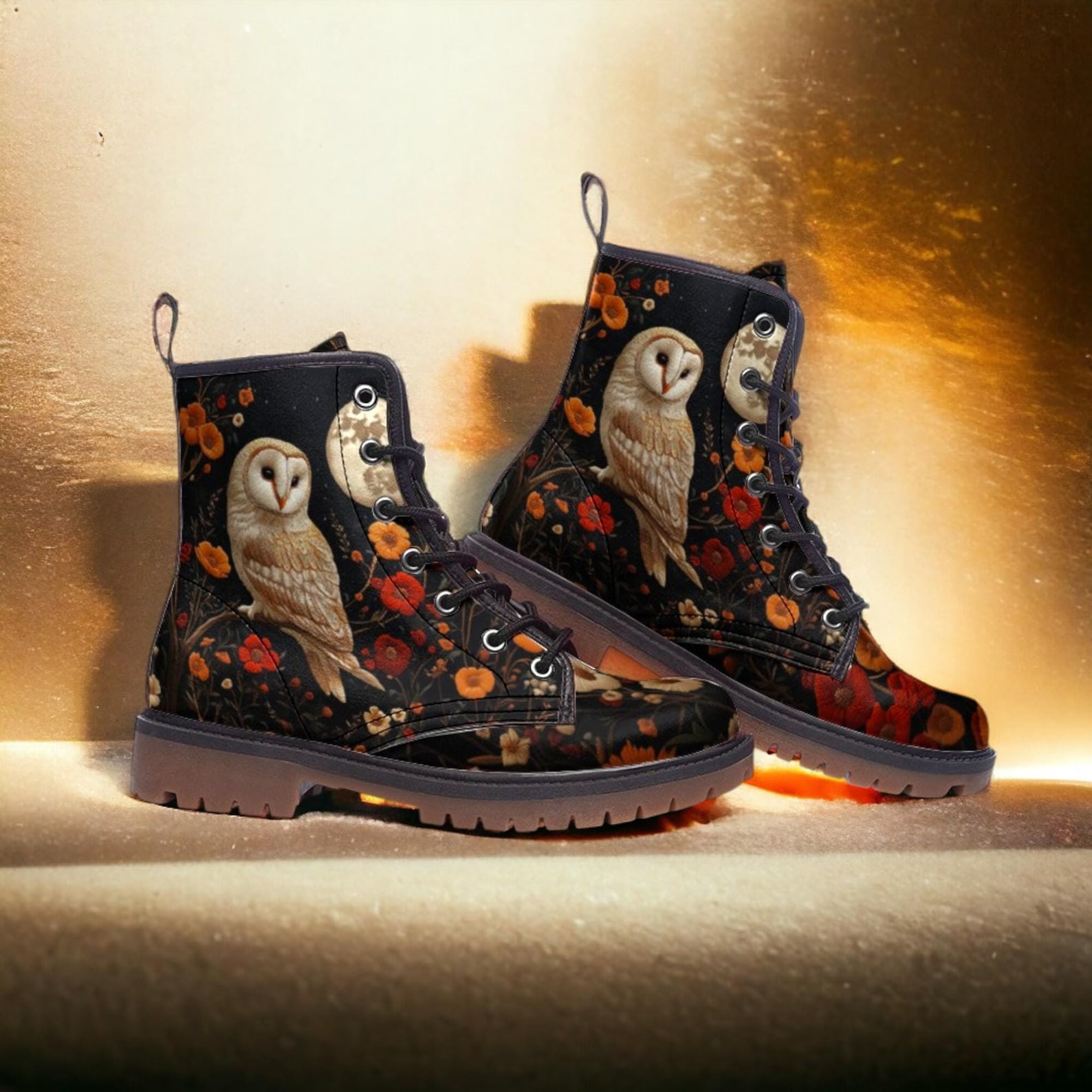 Faux-embroidery Owl & Flowers Vegan Combat Boots, Witchy Vegan Floral ...