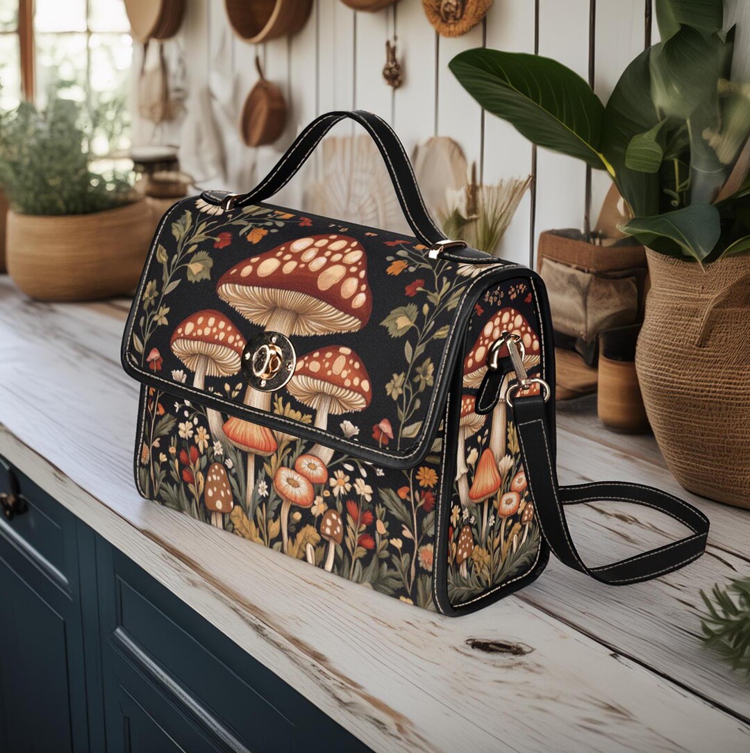 Cottagecore Mushroom and Floral Satchel Handbag, Boho Vegan Leather ...