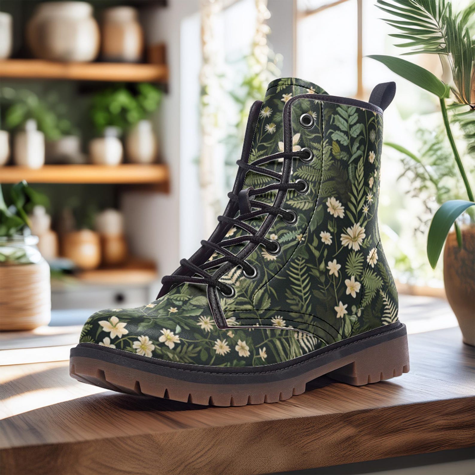 Dark Forest Ferns & Flowers Vegan Boots, Cottagecore Combat Boots, Dark ...
