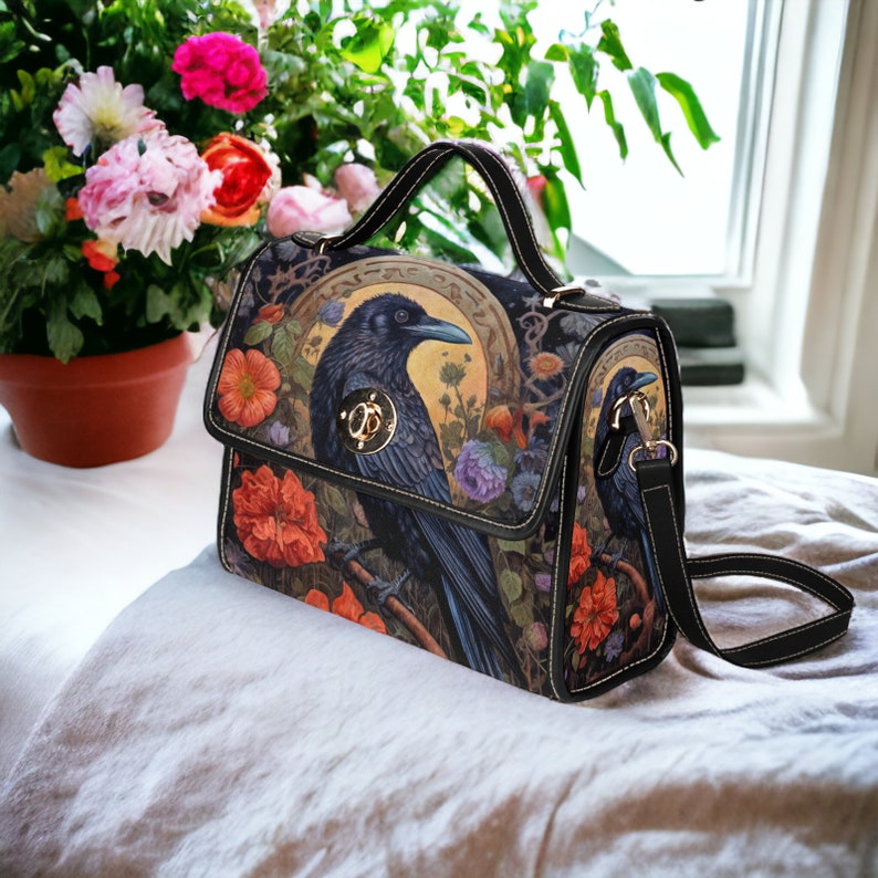 Dark Cottage Goth Witchy Crow and Floral Satchel, Dark Cottagecore Crow ...