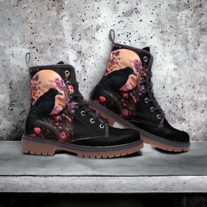 Faux-embroidered Crow & Flowers Vegan Combat Boots, Witchy Vegan and ...