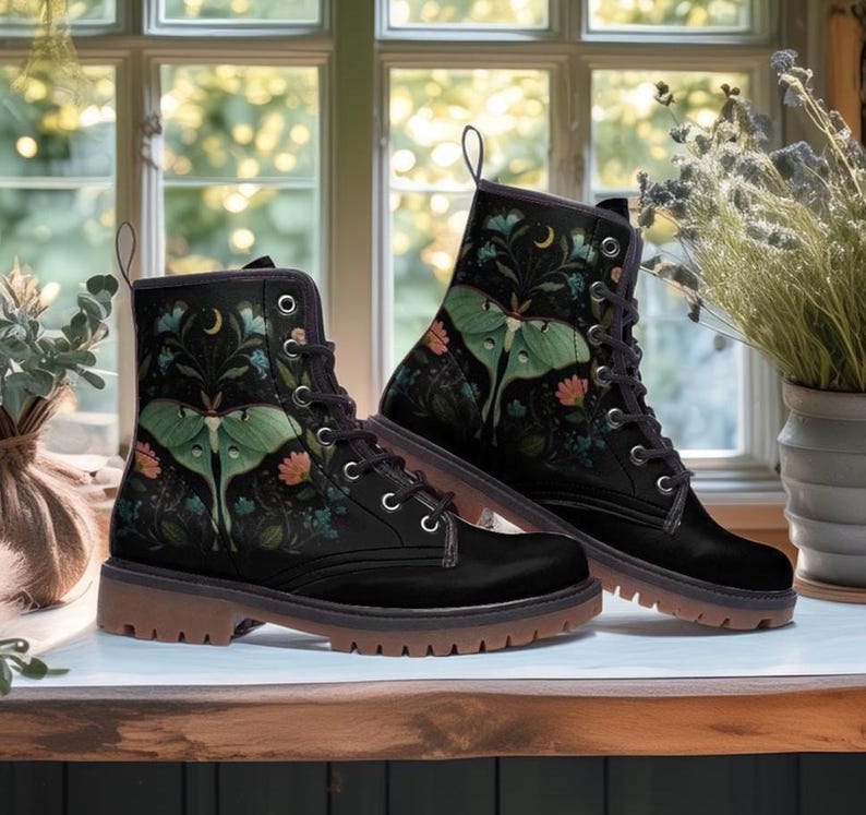 Luna Moth Vegan Combat Boots: Dark Floral Gothic Lace-up, Dark ...