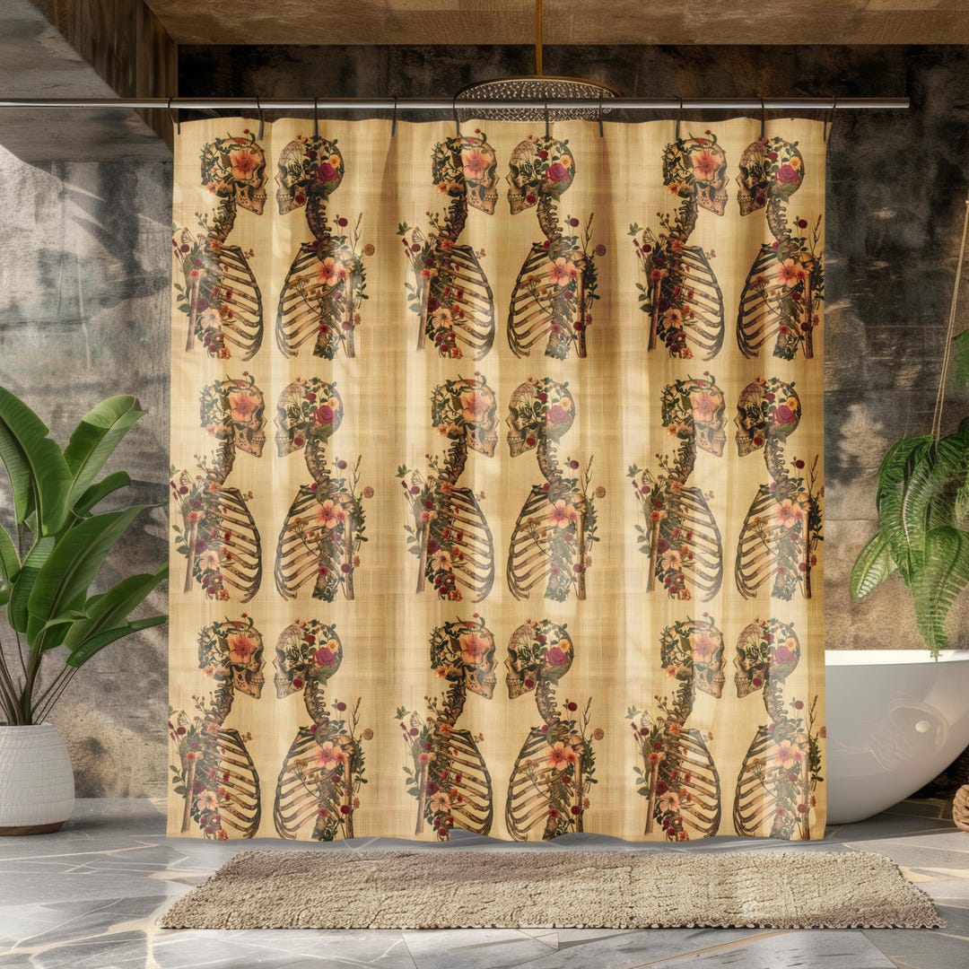 Macabre Romantic Floral Skeleton Shower Curtain, Bohemian Skeleton Bath ...