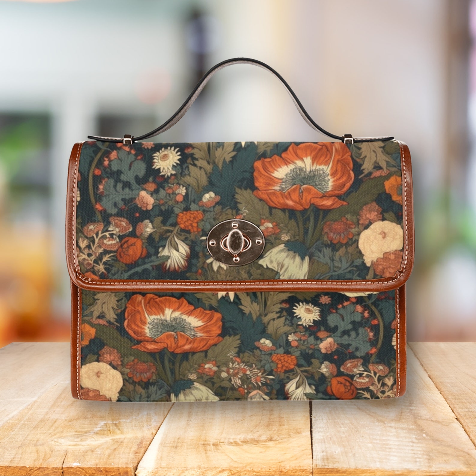 Boho Retro Floral Canvas Satchel, Boho Orange Cream Floral Satchel ...
