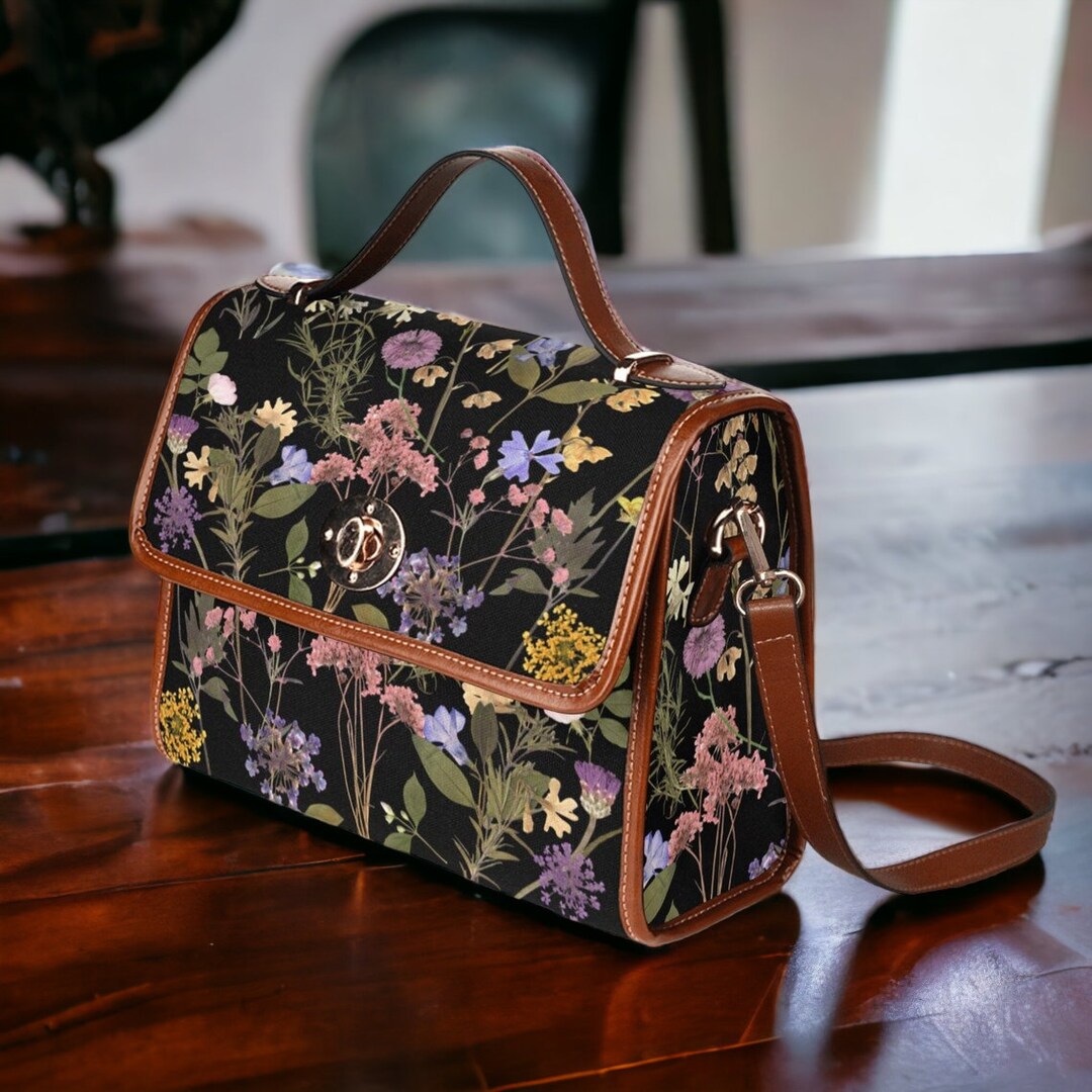 Dark Cottagecore Boho Canvas Satchel Bag, Dried Pressed Flowers Boho ...