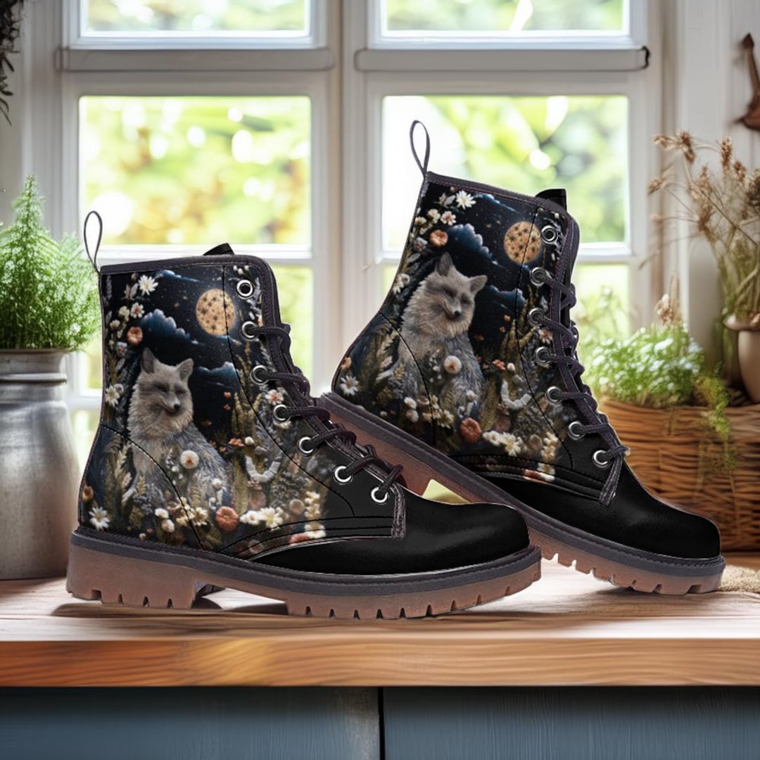Silver Fox Vegan Combat Boots, Boho Flowers Forestcore Fox Boots, Dark ...