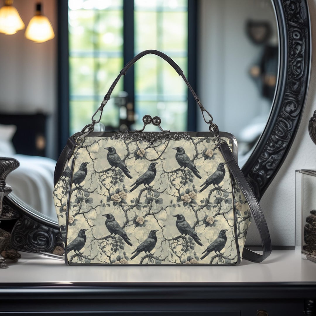 Gothic Grey Ravens Kisslock Handbag: Dark Academia Crow & Roses Purse ...
