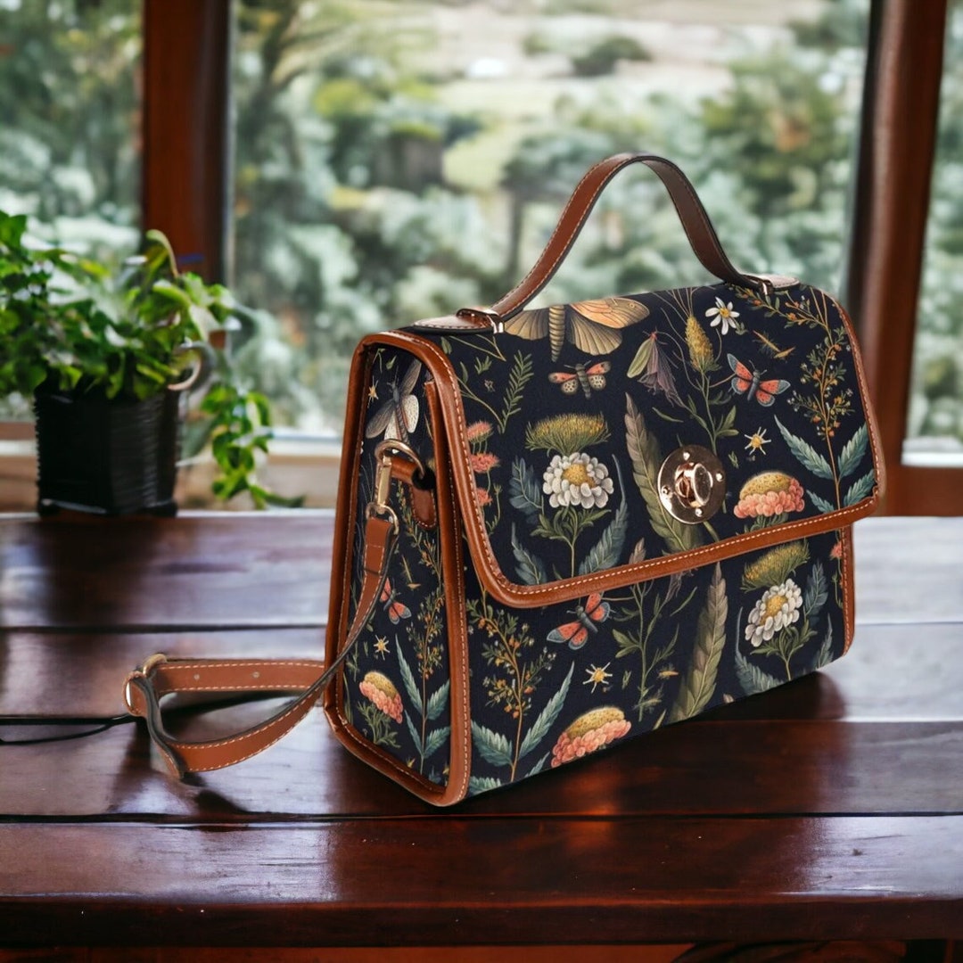 Dark Cottagecore Witchy Canvas Satchel Bag, Wildflowers Butterflies ...