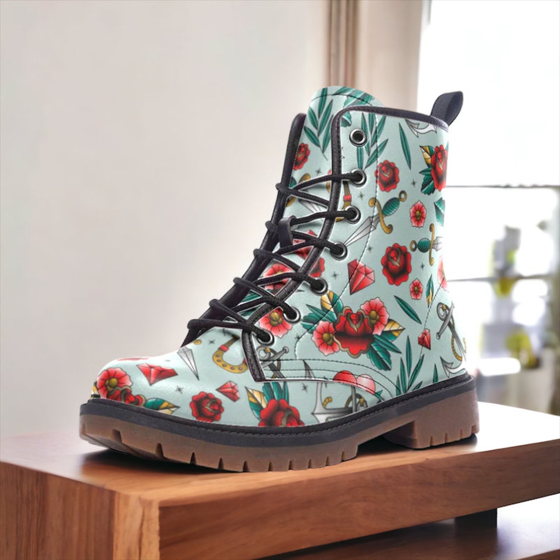 Vintage Tattoos Motif Vegan Combat Boots, Old School Tattoos Faux ...