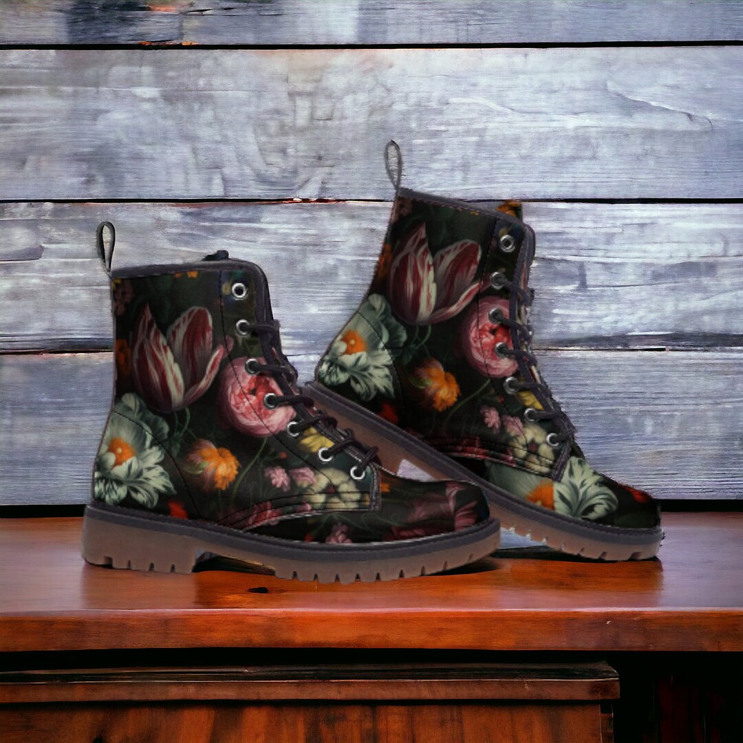 Dark Floral Vegan Leather Combat Boots, Gothic Floral Boots, Whimsigoth ...