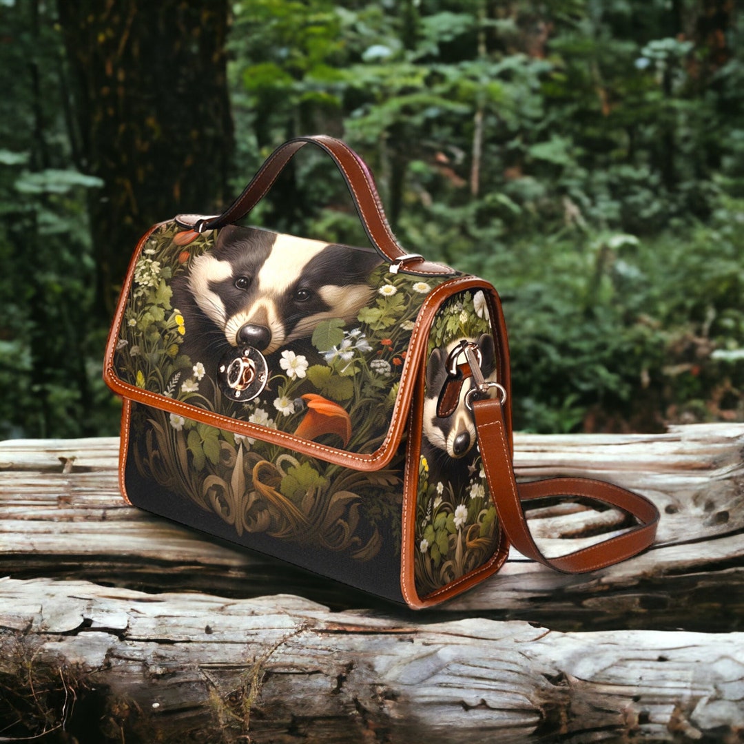 Dark Forest Badger and Woodland Floral Satchel, Dark Cottagecore Badger ...