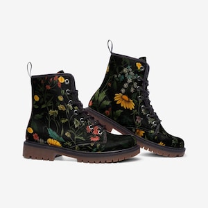 Boho Floral Vegan Boots, Dark Floral Daisy Chunky Boots, Wildflower ...